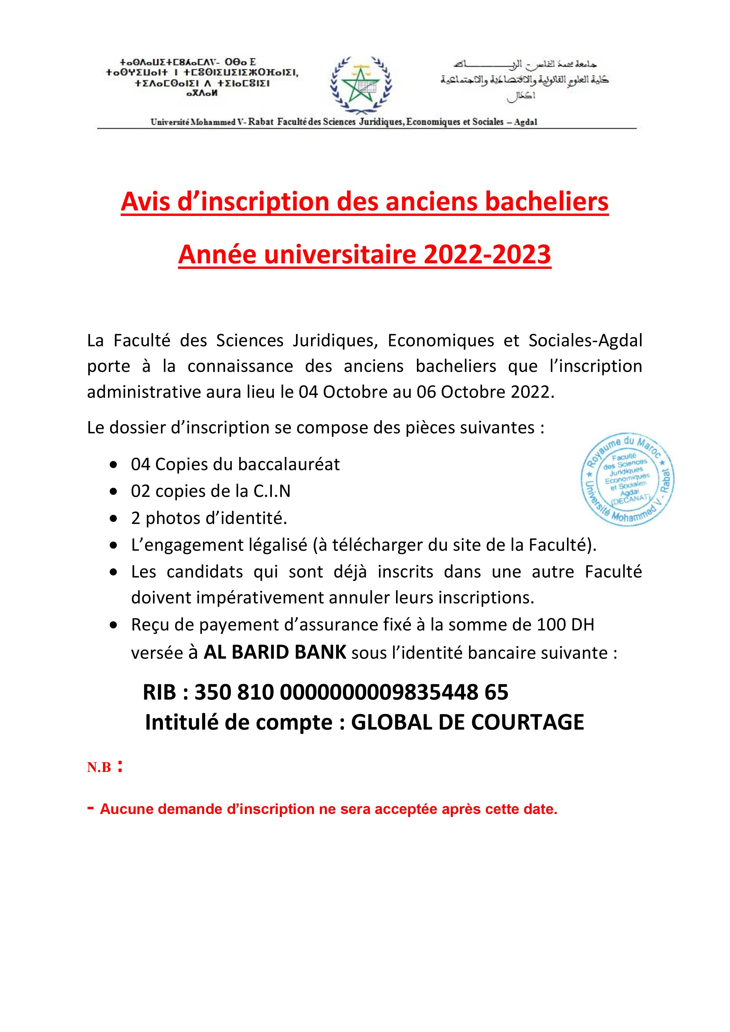 Avis d’inscription des anciens bacheliers Année universitaire 2022-2023 ...