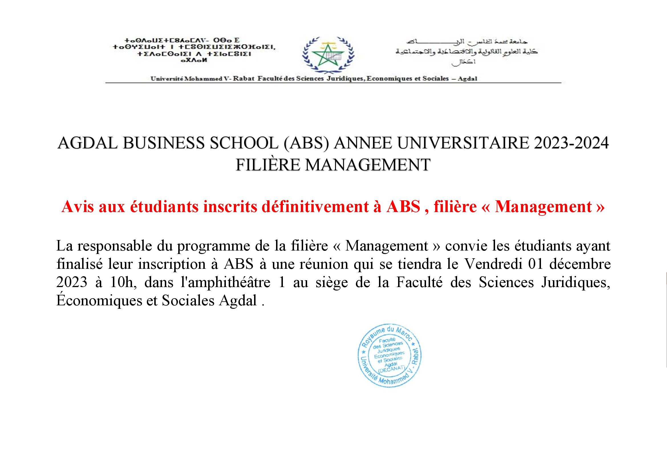 Avis aux étudiants inscrits définitivement à ABS , filière « Management ...