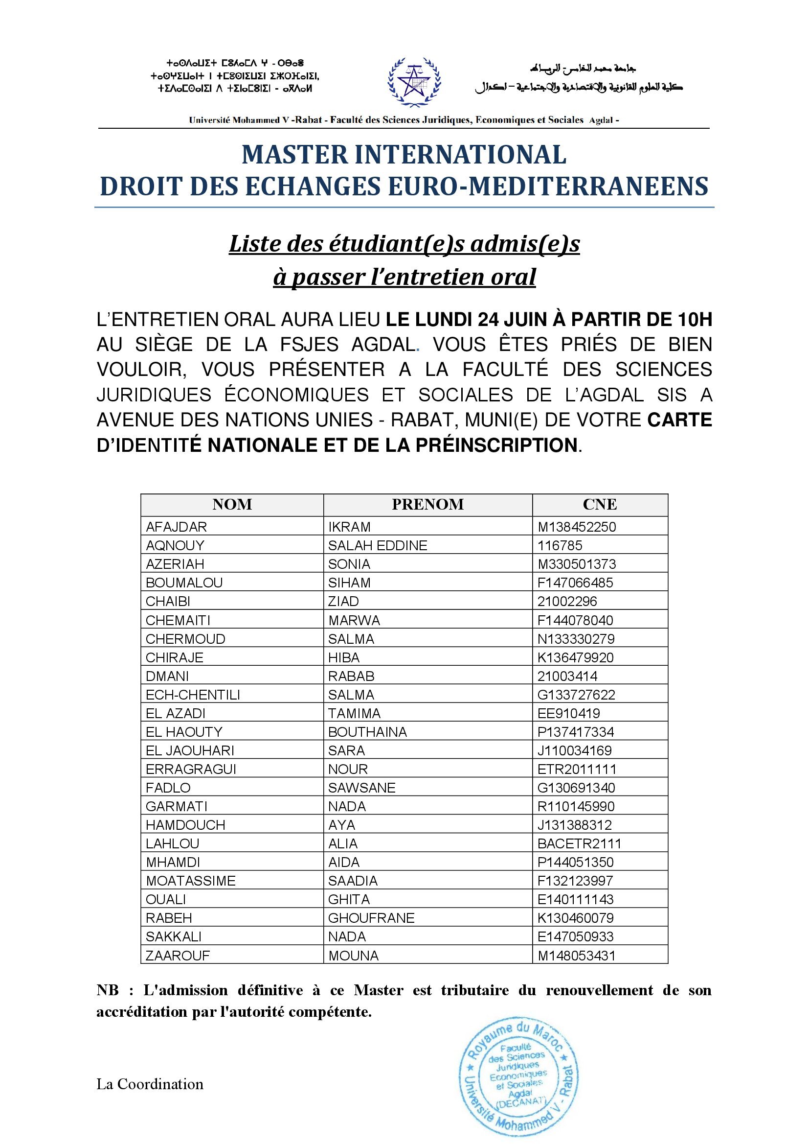 Résultats Présélection Master FSJES Agdal Rabat 2024-2025
